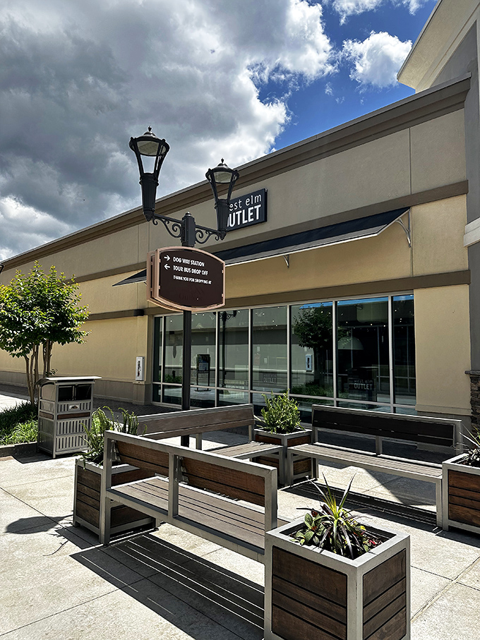 West Elm Outlet's stylish outdoor seating area invites shoppers to rest weary feet before tackling more home décor bargains.