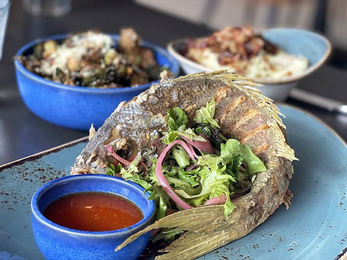 The Whole Local Catch arrives like seafood theater—head-on, tail-on, and dressed for success with fresh greens and a side of Gulf Coast attitude.