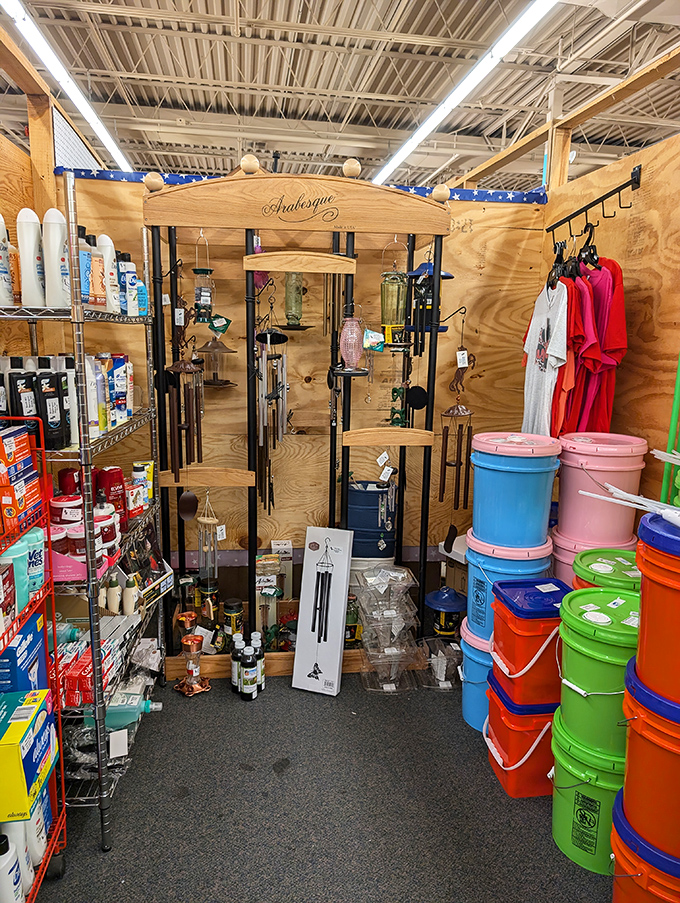Wind chimes and household essentials coexist in this eclectic aisle. One-stop shopping for both practical needs and whimsical wants.