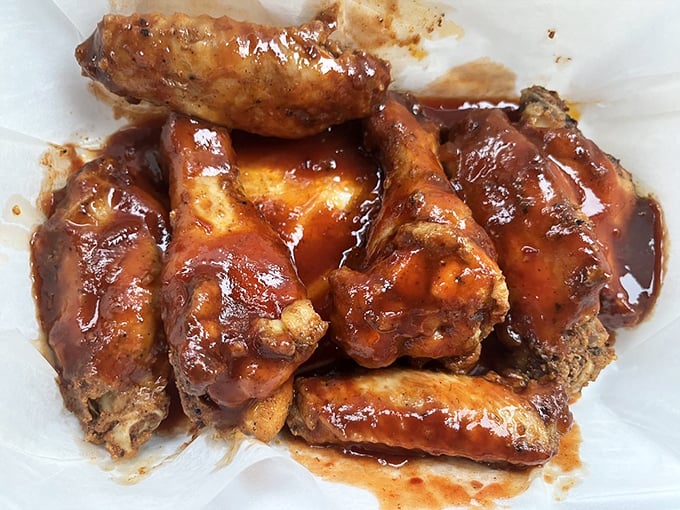 Wings that don't need a sporting event as an excuse to be devoured. That glossy sauce coating promises a flavor touchdown without the distraction of referees.