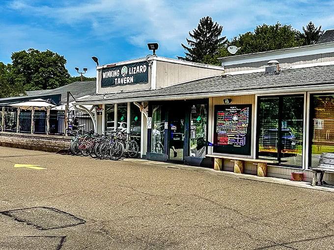 The Winking Lizard Tavern, where bicycles outnumber cars and cold beers await weary trail riders. The perfect pit stop for refreshment and local flavor.