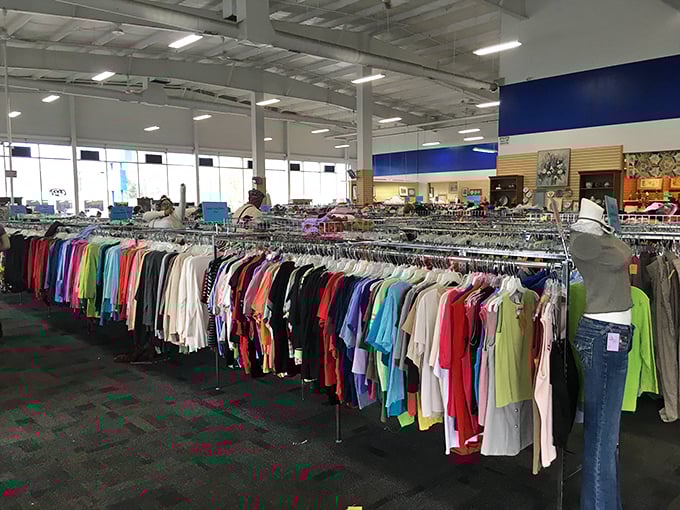 The men's section offers everything from casual tees to business attire. Even the mannequins look surprised at these incredible deals.