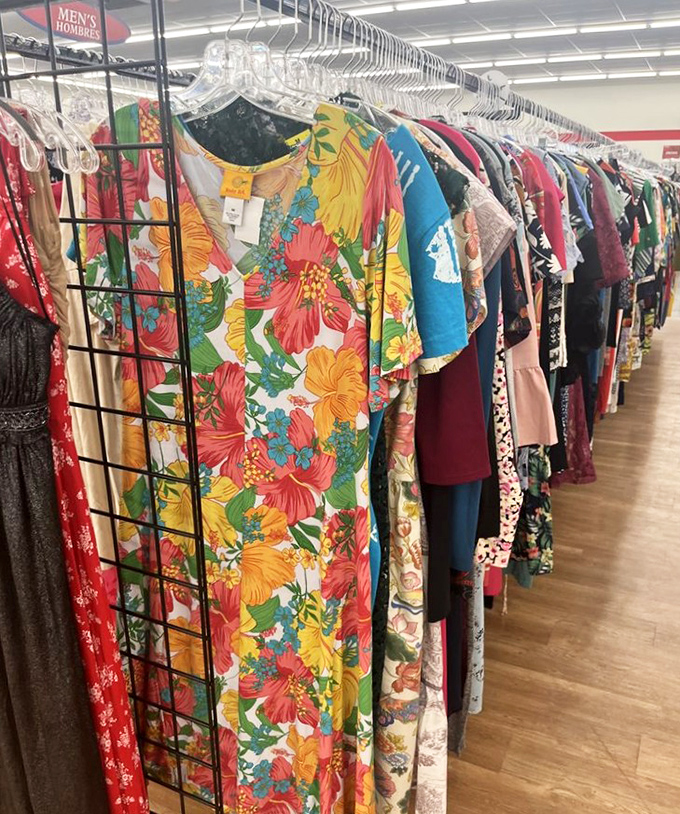 That vibrant tropical dress still has its tags! Someone's abandoned vacation plans become your ticket to Hawaiian shirt excellence.