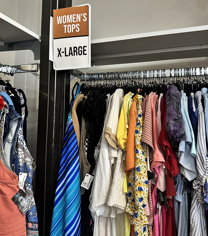 The women's section is organized by size, saving you from the dreaded "is this my size?" arm stretch that traditional thrift stores require.