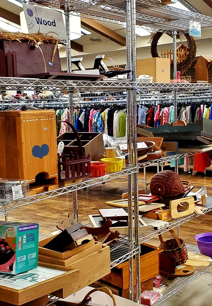 The wood section offers everything from birdhouses to bread boxes, each item patiently waiting for its next chapter.