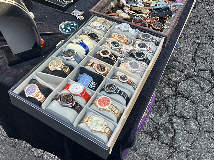 Time literally stands still in these display cases. Watches of every style wait patiently for wrists to adorn, proving fashion doesn't have to cost a fortune.