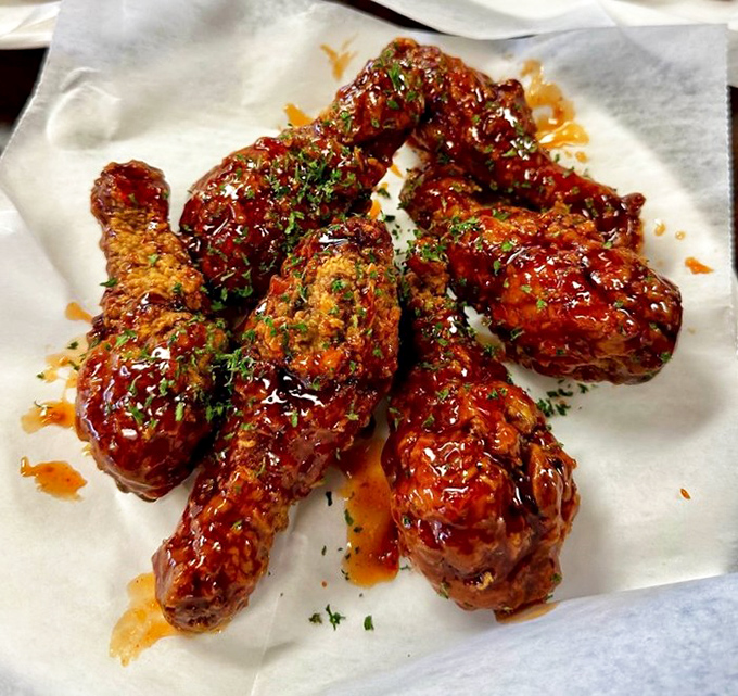 These yangnyeom wings wear their sweet-spicy sauce like a perfectly tailored red suit.