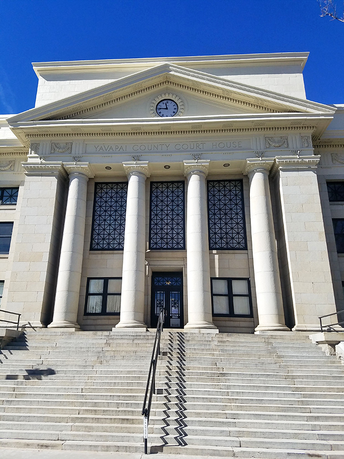The Yavapai County Courthouse stands like a dignified elder statesman. Those columns have seen more history than most history books.