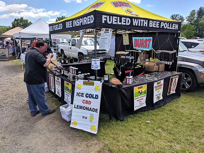 "Bee Inspired" indeed! Where else can you find CBD lemonade next to honey products? The market's food vendors offer refreshments as eclectic as the merchandise.