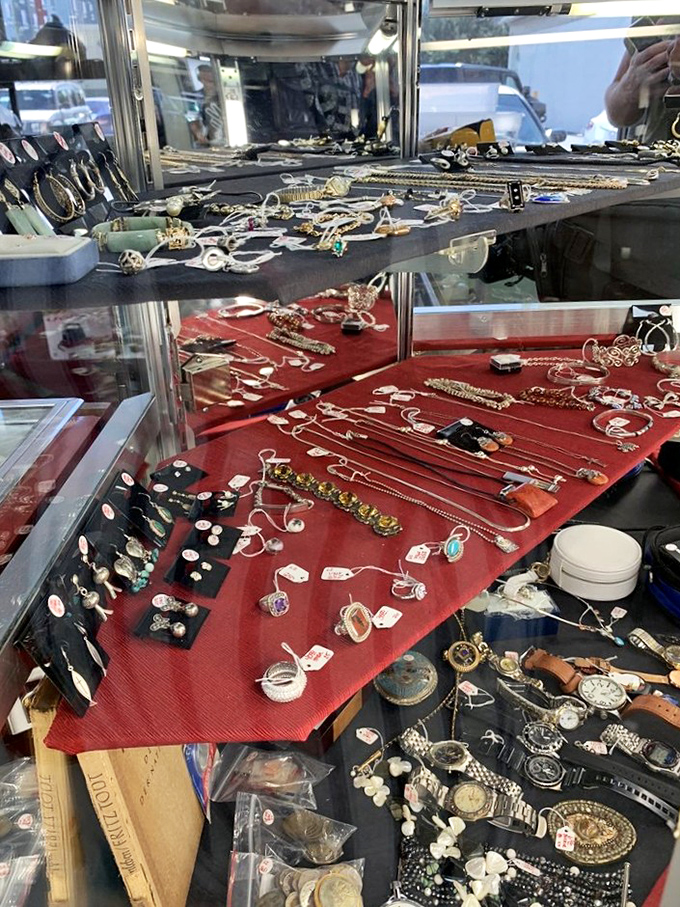 Jewelry cases sparkle with forgotten treasures waiting to add glamour to someone's next special night out.