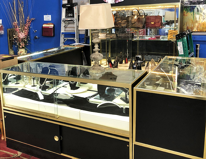 The accessories display case: where yesterday's treasures await tomorrow's special occasions, all at yesterday's prices.