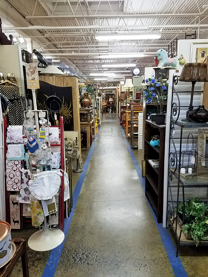 Blue-lined pathways create a Yellow Brick Road through decades of American life. Dorothy never had shopping options this diverse in Oz.