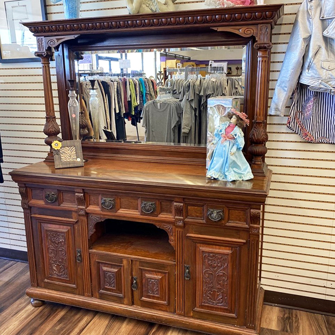 Not just a sideboard&mdash;a time machine to Grandma's house. Complete with intricate woodwork that craftsmen today would charge you a small fortune to replicate.