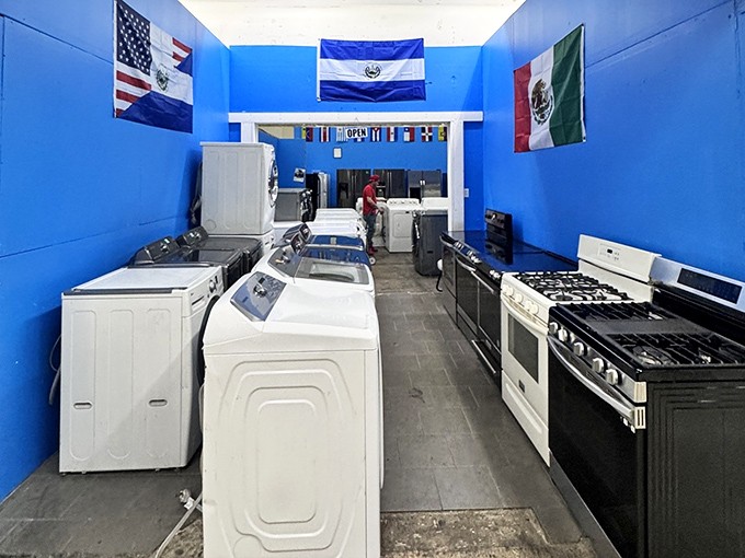 An appliance alley that celebrates cultural diversity with flags overhead&mdash;because washing machines and stoves speak the universal language of clean clothes and home cooking.