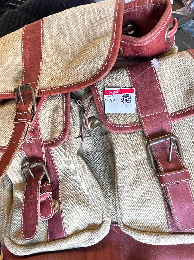 This canvas and leather backpack has stories to tell—$14.99 for both the bag and whatever adventures you'll take it on next.