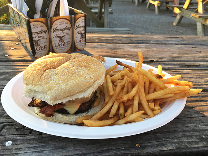 The perfect lakeside companion: a juicy burger with golden fries that somehow taste better with that Buckeye Lake breeze.
