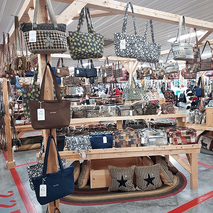 Bag paradise! Country-chic totes and purses hanging like fashionable fruit, ready to be plucked by savvy shoppers with excellent taste and limited funds.
