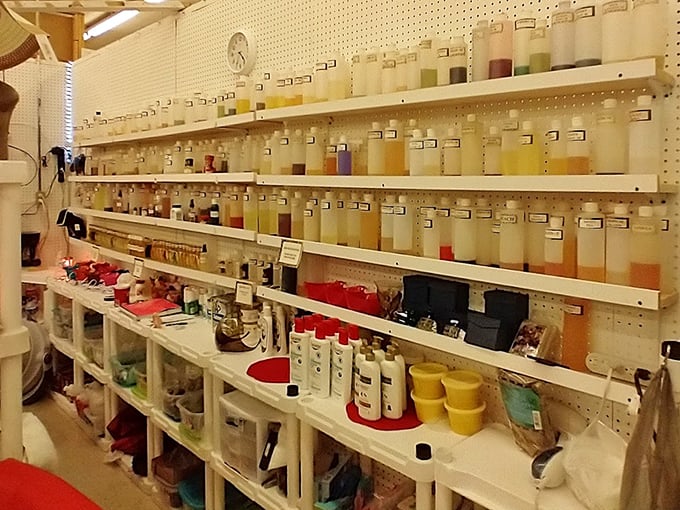 Potions and lotions line these shelves like a wizard's pantry—each bottle promising transformation or at least a really good hair day.