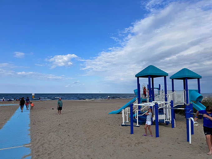 Childhood joy meets Lake Erie waves at the beach playground&mdash;because kids weren't already having enough fun with an entire lake.