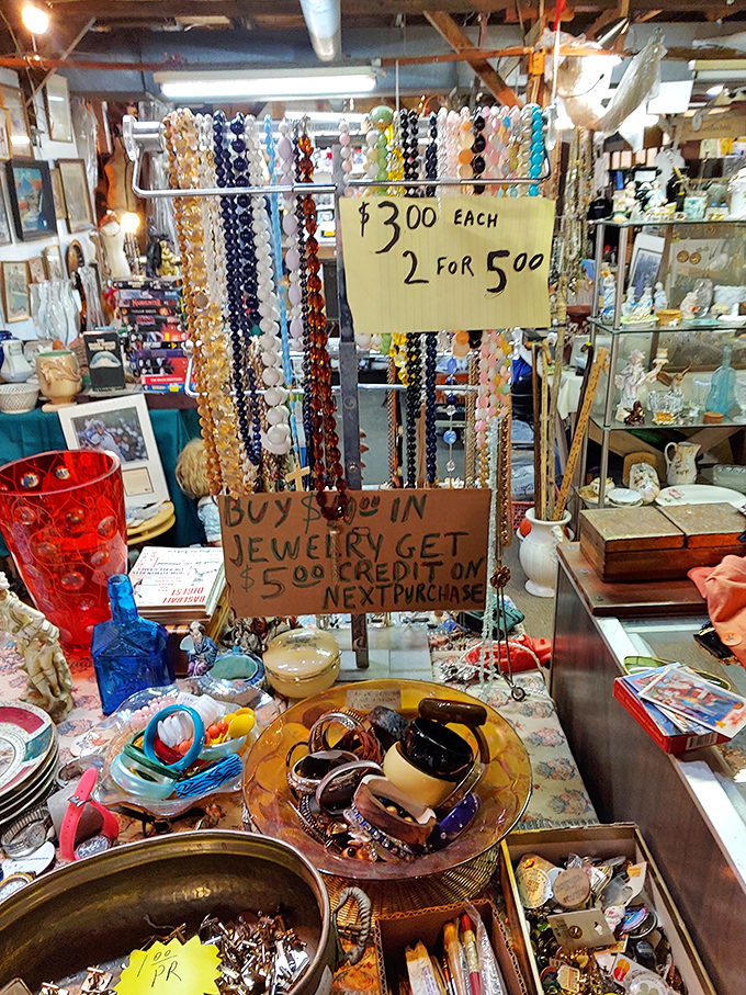 Colorful strands of beaded necklaces dangle like jeweled raindrops, surrounded by a kaleidoscope of treasures at prices that'll make your wallet smile.