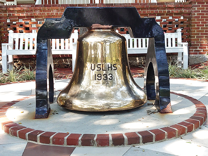 This gleaming 1933 bell once announced fog warnings to ships, now silently telling stories of maritime history to visitors who pause to admire it.