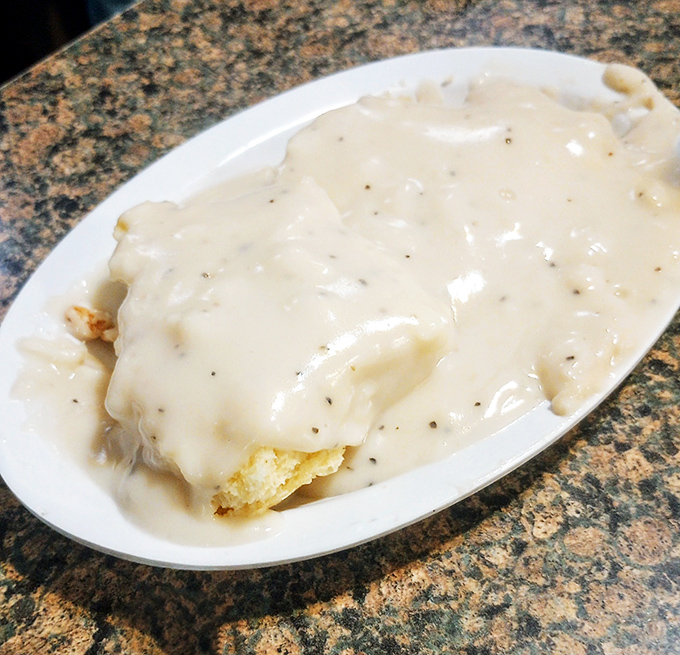 Biscuits swimming in creamy pepper gravy&mdash;the kind of breakfast that makes you want to take a nap immediately after finishing.