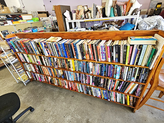 This wooden bookshelf holds more stories than just those printed on pages&mdash;a literary buffet where every genre gets a seat at the table.