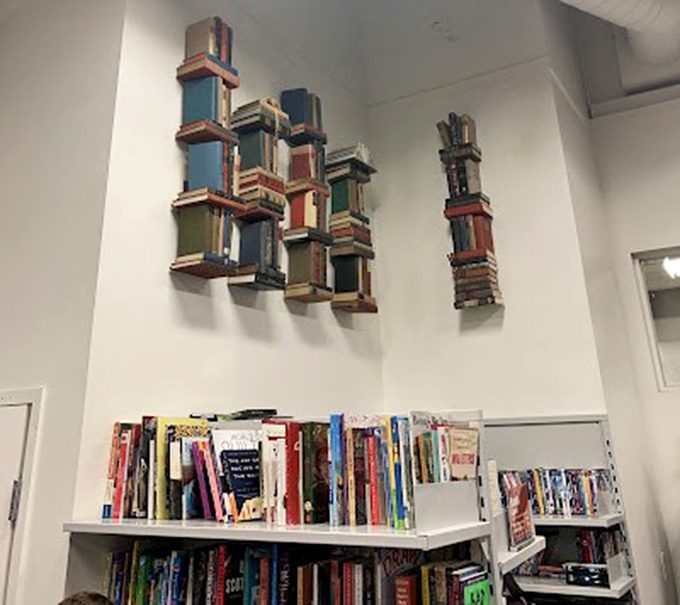 The book section doubles as installation art. Those wall-mounted book displays would cost a fortune at a boutique home store.