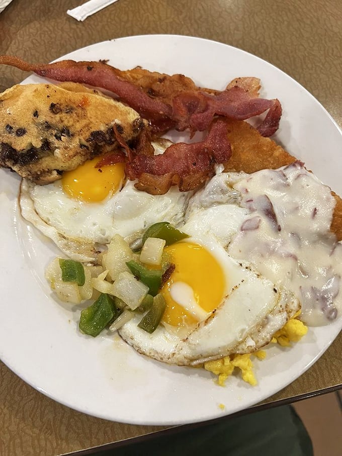 A breakfast sampler that hits all the major food groups: eggs, bacon, pancakes, and "things that make cardiologists nervously check their appointment books."