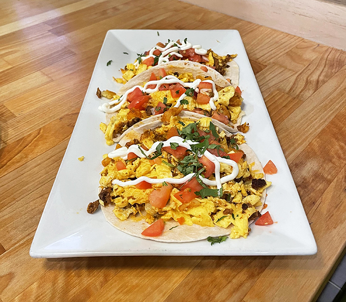 Breakfast tacos: for when you need your morning wrapped in a tortilla blanket. Fresh, colorful, and perfectly portable breakfast engineering.