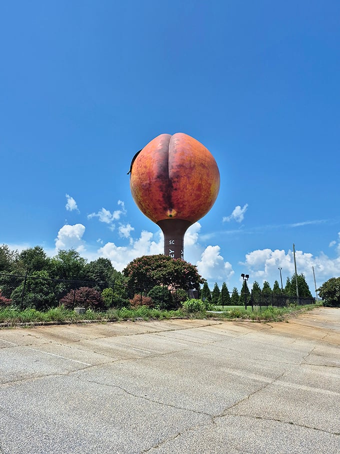 Interstate drivers get this tantalizing view as they approach Gaffney. Many have spilled coffee in surprise at their first Peachoid sighting.