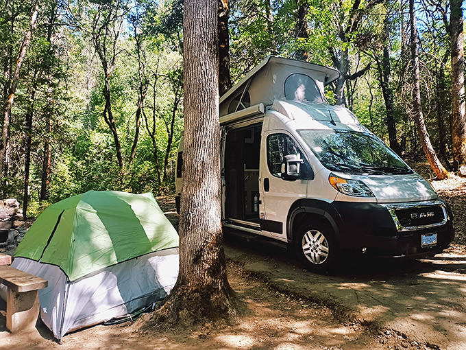 Glamping meets wilderness at Castle Crags' campground, where your temporary address comes with million-dollar views no luxury hotel can match.