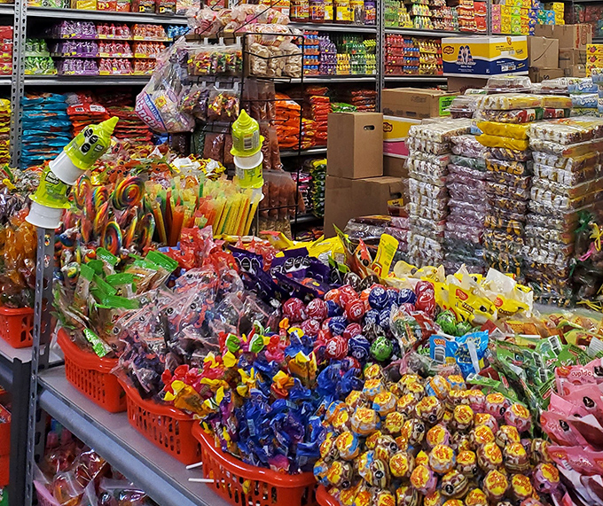 A sugar rush waiting to happen! This candy wonderland would make Willy Wonka jealous, with treats from both sides of the border tempting sweet tooths. 