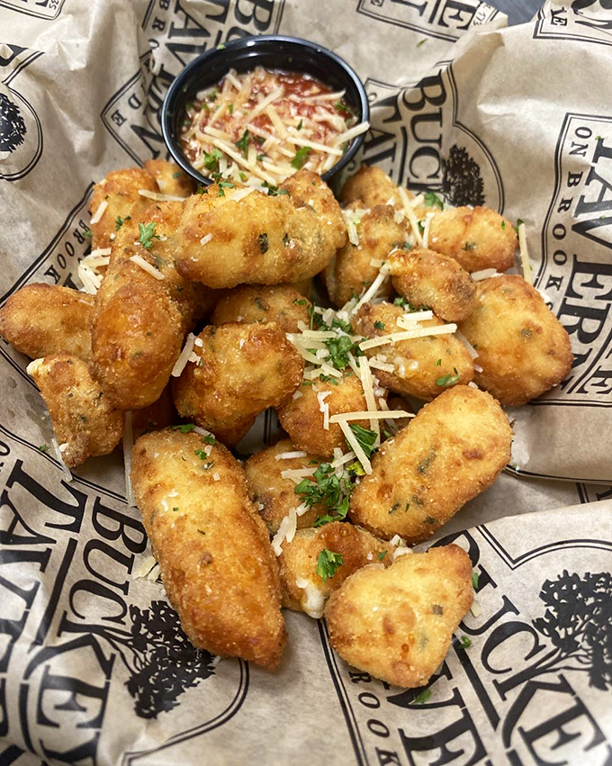 Golden cheese curds that stretch like a mozzarella commercial, but taste even better than they look.