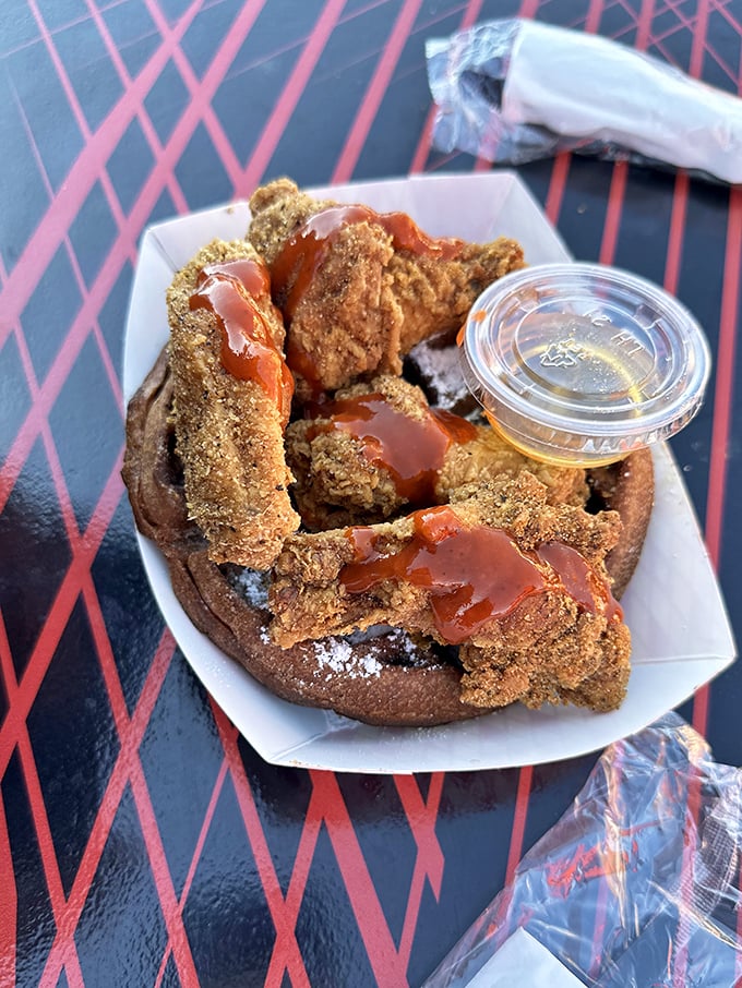 Chicken and waffles: where savory meets sweet in a dance so perfect, it deserves its own Broadway show. That sauce is the encore.
