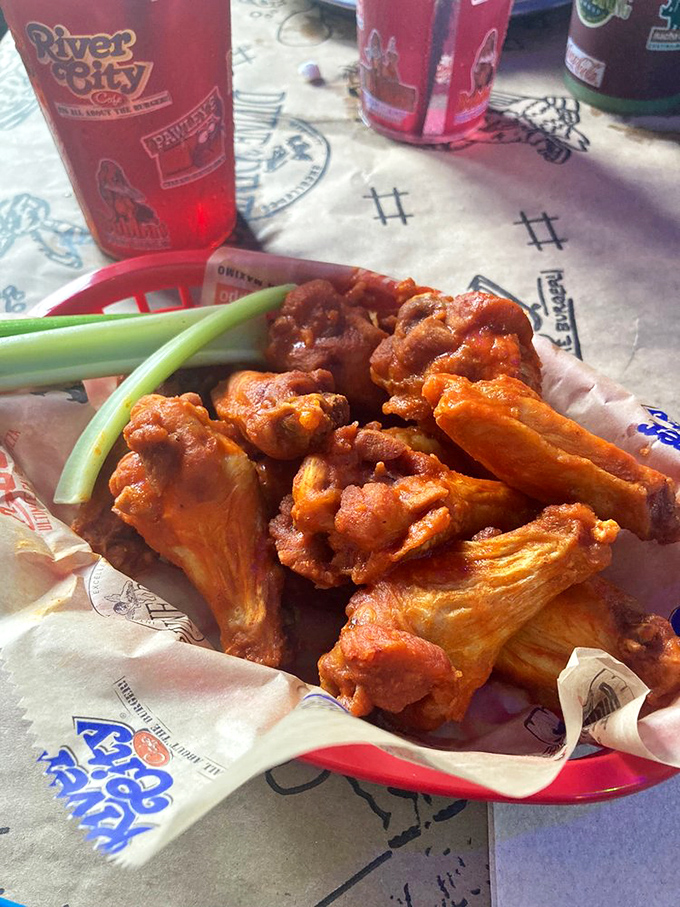 Buffalo wings with the perfect sauce-to-crisp ratio. That celery stick isn't fooling anyone into thinking this is health food, but we appreciate the gesture.