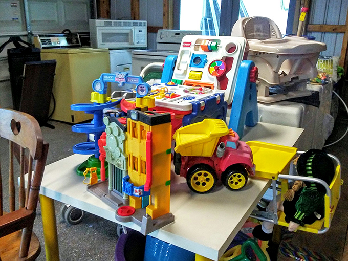 A colorful armada of children's toys stands ready for new adventures, proving one generation's outgrown playthings become another's treasure.