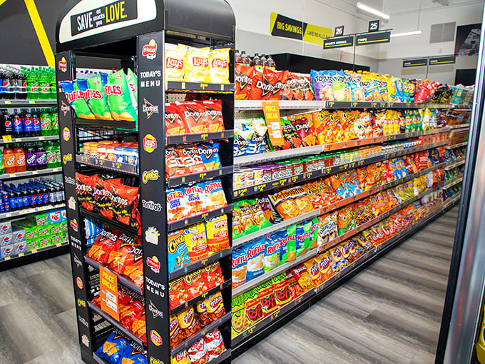 Snack attack central! A chip aisle so vibrant and varied it practically demands a movie night be planned immediately.