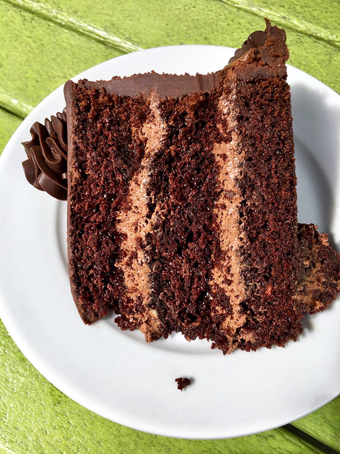 A chocolate cake so rich it probably has its own investment portfolio. Those layers aren't just dessert, they're an emotional experience. 