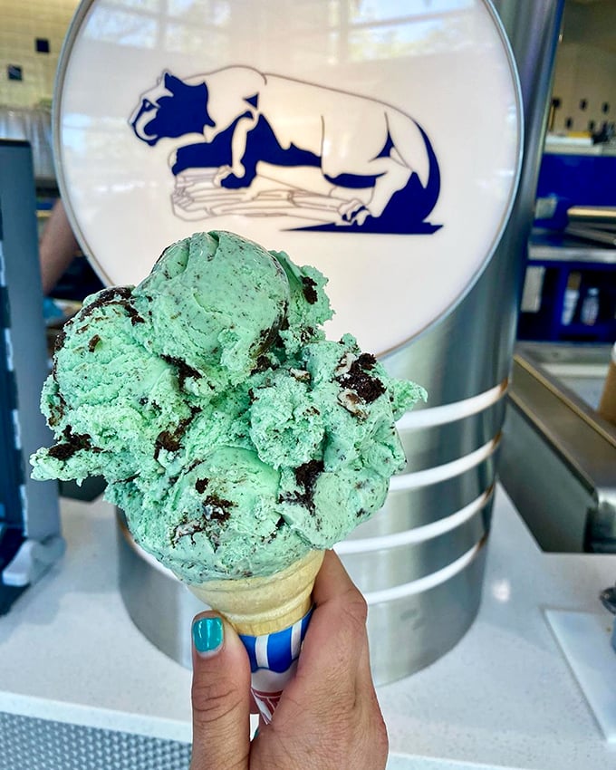 That mint chocolate chip cone posing proudly before the Nittany Lion logo&mdash;school spirit you can actually taste.