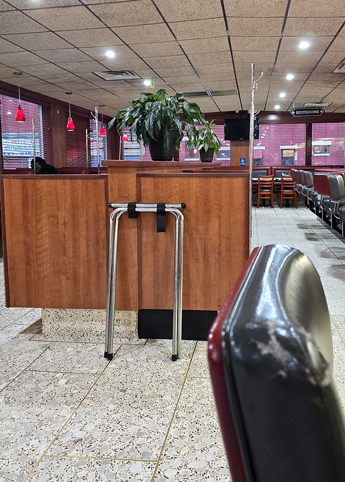 Red pendant lights cast a warm glow over the dining area, where generations of Philadelphians have solved the world's problems over eggs and coffee.