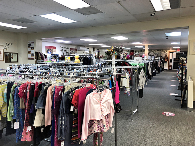 The clothing section: organized with military precision but offering civilian prices. Your next favorite outfit is hiding somewhere in this rainbow.