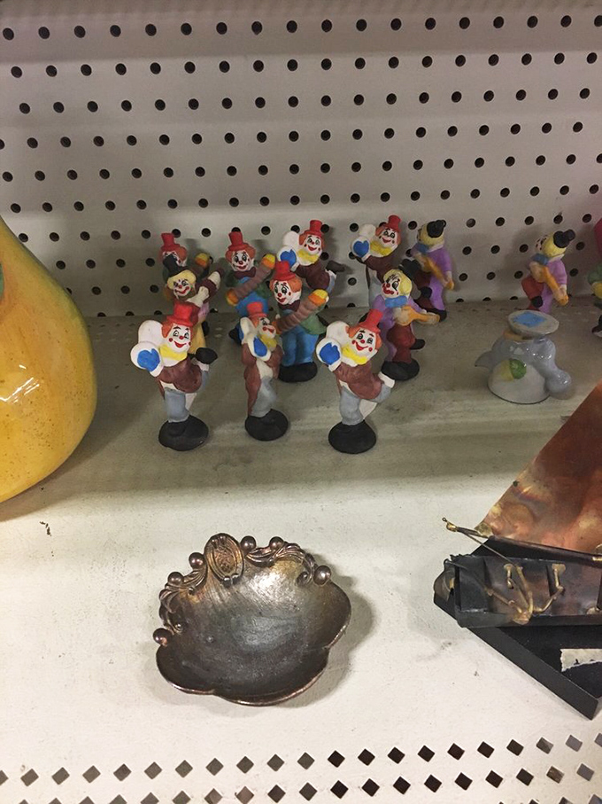 The clown army stands at attention, ready to either charm your guests or star in your next quirky home movie. Childhood nostalgia or delightful nightmare fuel?