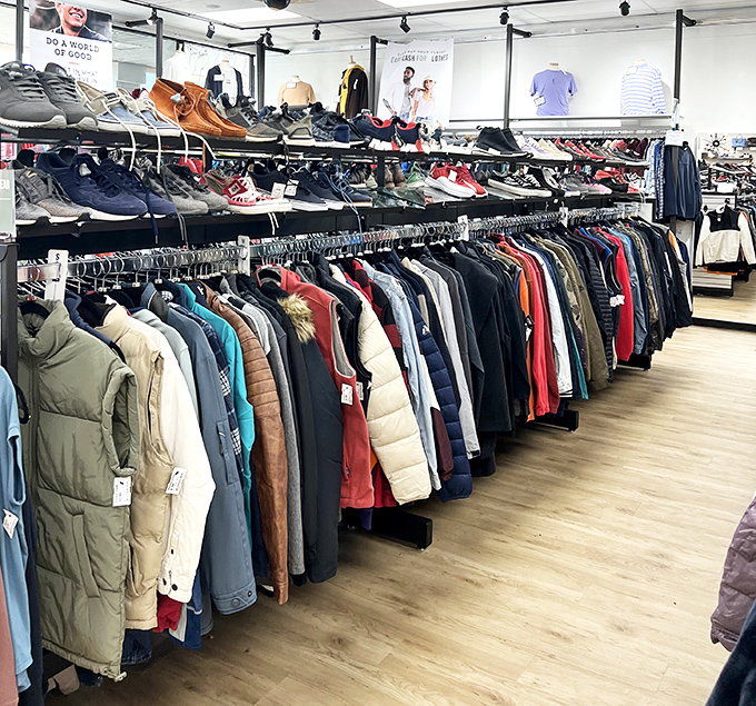 The outerwear section: where your next favorite jacket is patiently waiting to be discovered at a fraction of retail.