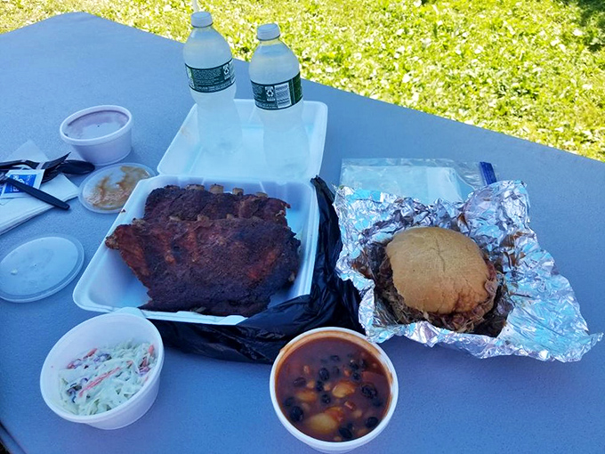 The barbecue spread that launched a thousand road trips&mdash;ribs, sandwich, beans, and slaw creating the perfect picnic tableau.