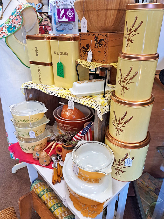 Vintage kitchen canisters that once stored flour and sugar now store memories. That harvest gold color takes me straight back to my childhood kitchen!