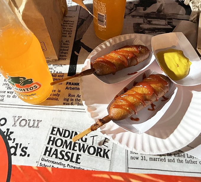 Corn dogs on a stick&mdash;the perfect portable indulgence, with that satisfying contrast between sweet cornbread exterior and savory hot dog center.