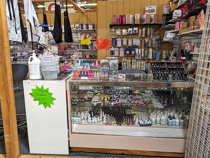 The cosmetics booth offers enough beauty products to transform you from "just woke up" to "ready for the runway."