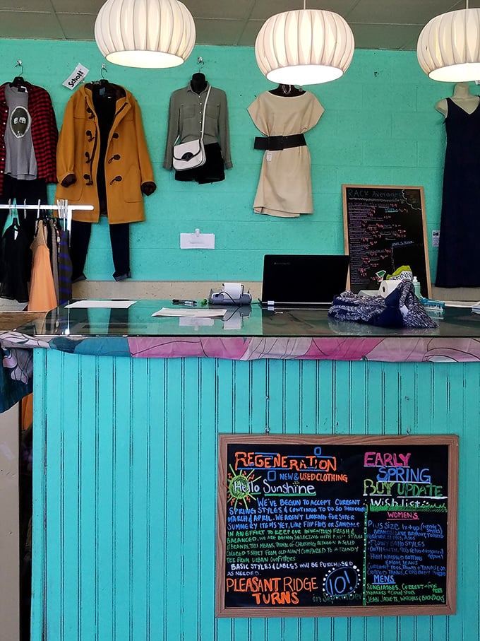 Teal dreams and organized schemes – the checkout counter doubles as a fashion runway for the store's most eye-catching pieces.