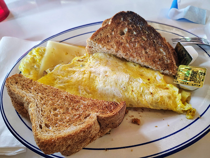 An omelet so perfectly folded it could teach origami classes, flanked by toast that's achieved that elusive perfect golden-brown.